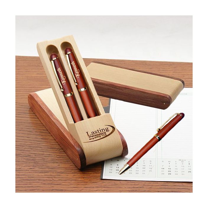Rosewood Pen Set In Combo Wood Display Case