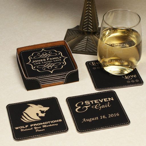 Personalized Black Leatherette Coaster Set